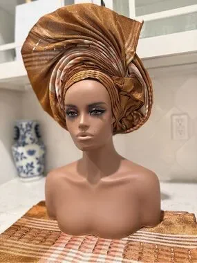 Accessories | Gold Brown Traditional African Bridal Asooke Auto Gele 2p ...